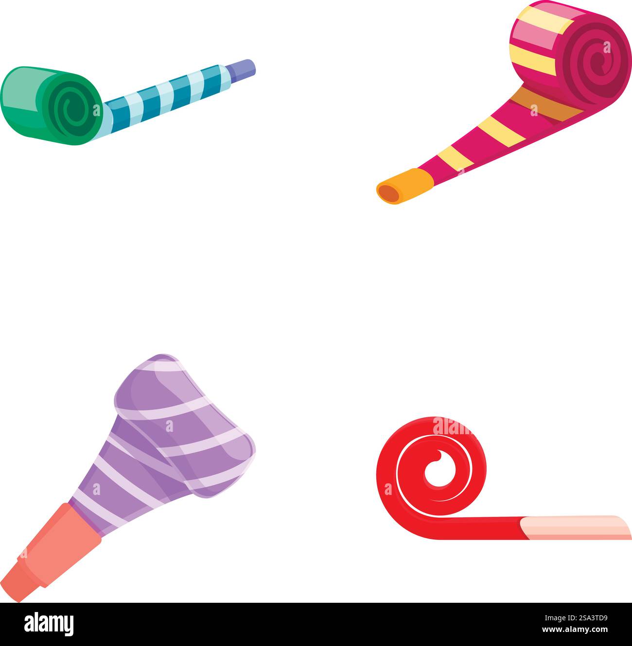 Set of four illustrated party blowouts in vibrant colors, isolated on ...