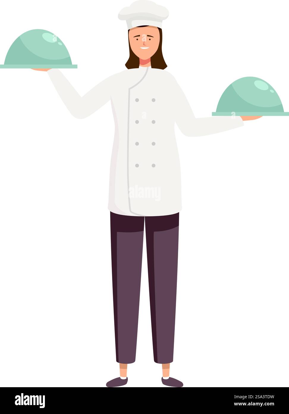 Vector illustration of a smiling chef in uniform holding two covered ...