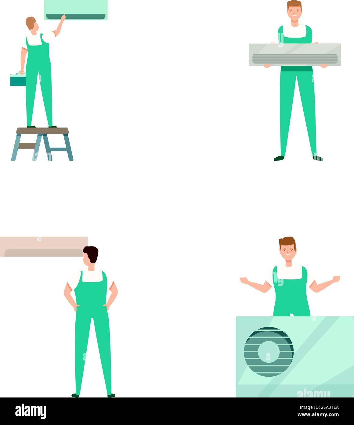 Vector illustrations of a male handyman in various poses with tools and ...