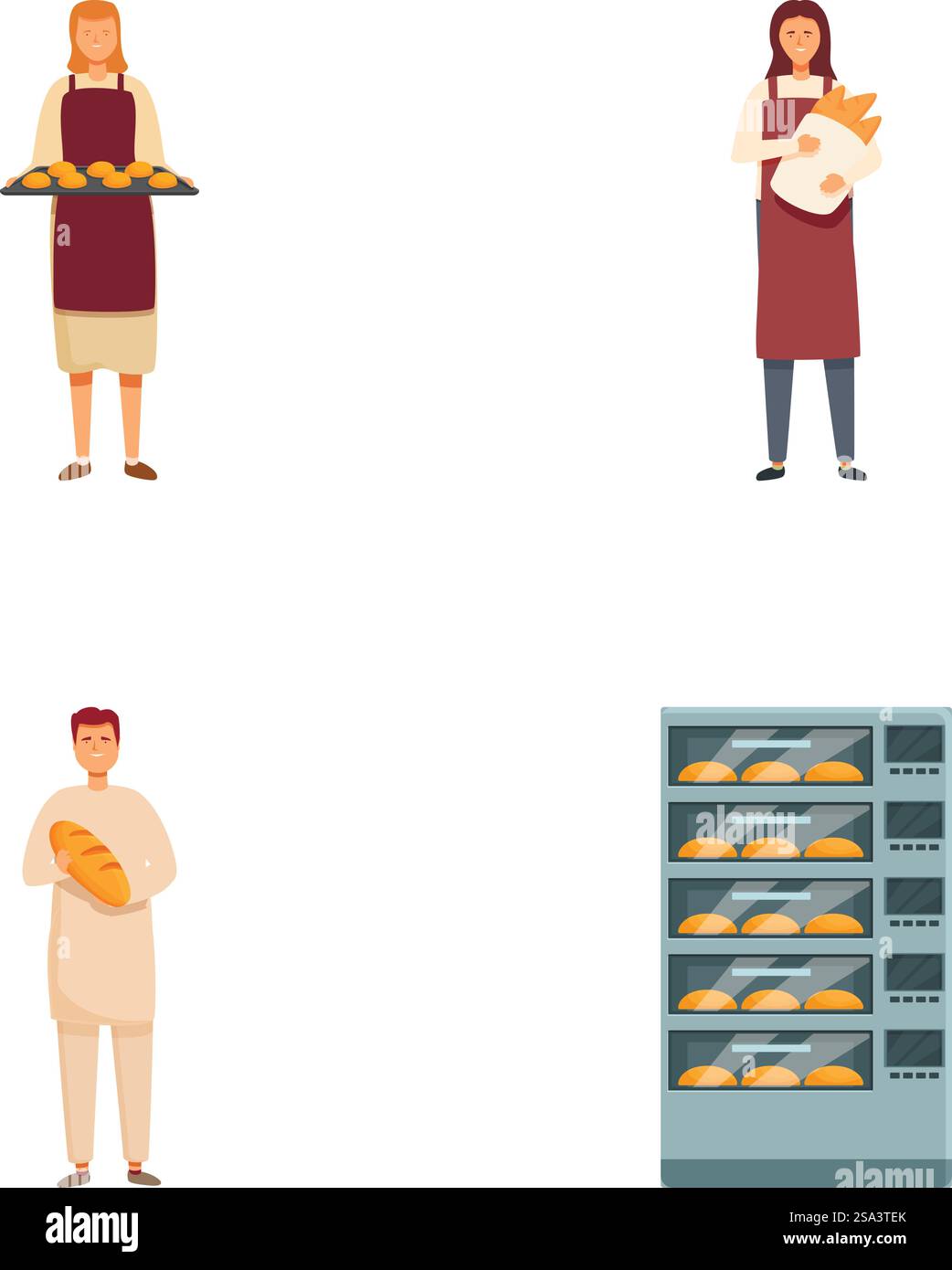 Illustration of bakers holding bread, with pastries and a bread rack. Set of bakers with fresh ...