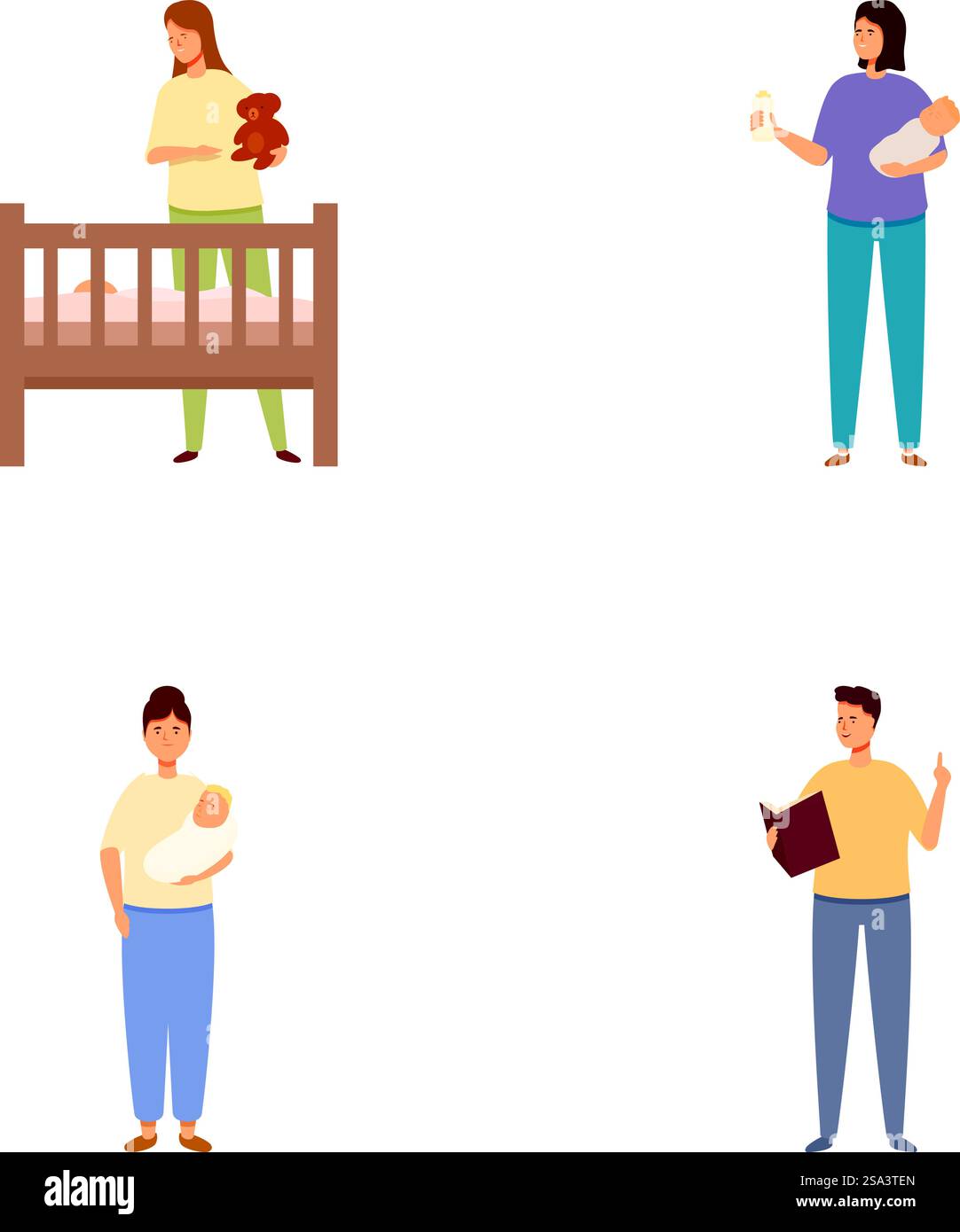 Collection of illustrations depicting parents caring for their infants ...