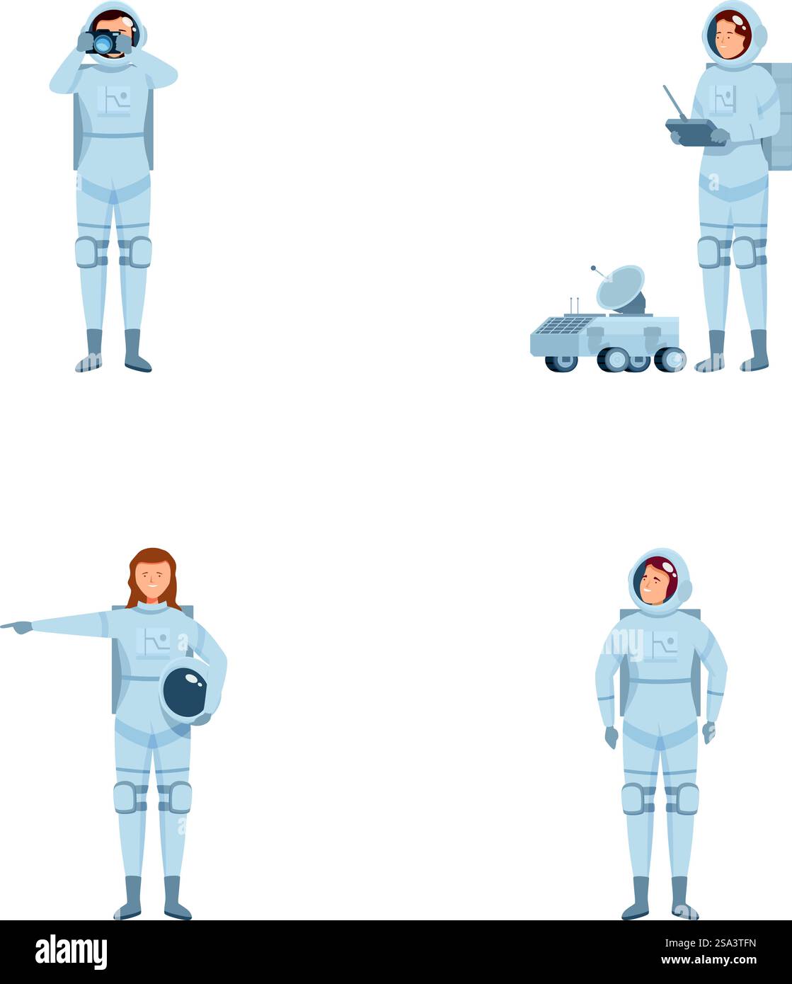 Set of illustrations featuring a female astronaut performing different ...