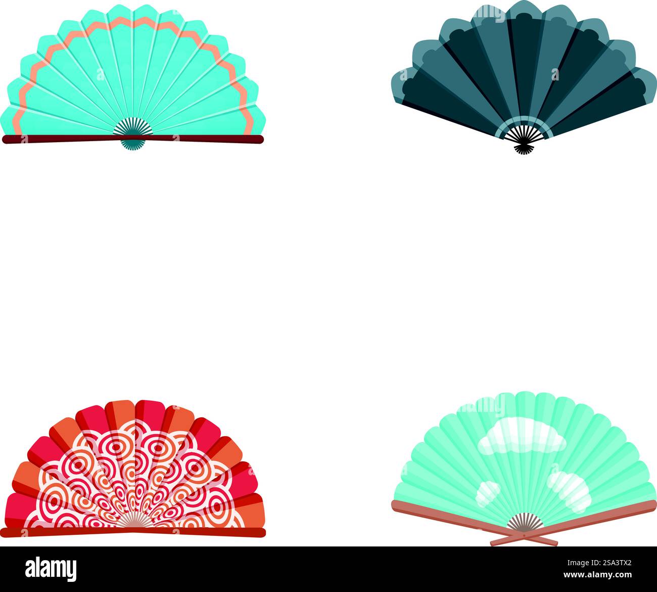 Vector illustration of four decorative hand fans in various colors and ...