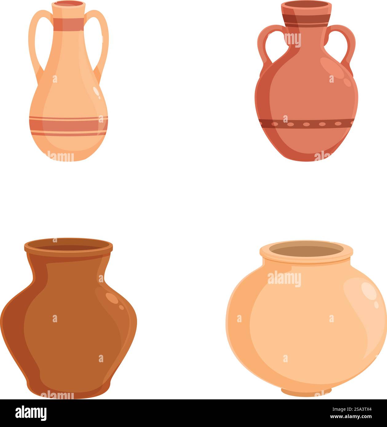 Collection of four different styled cartoon clay pots on a white ...