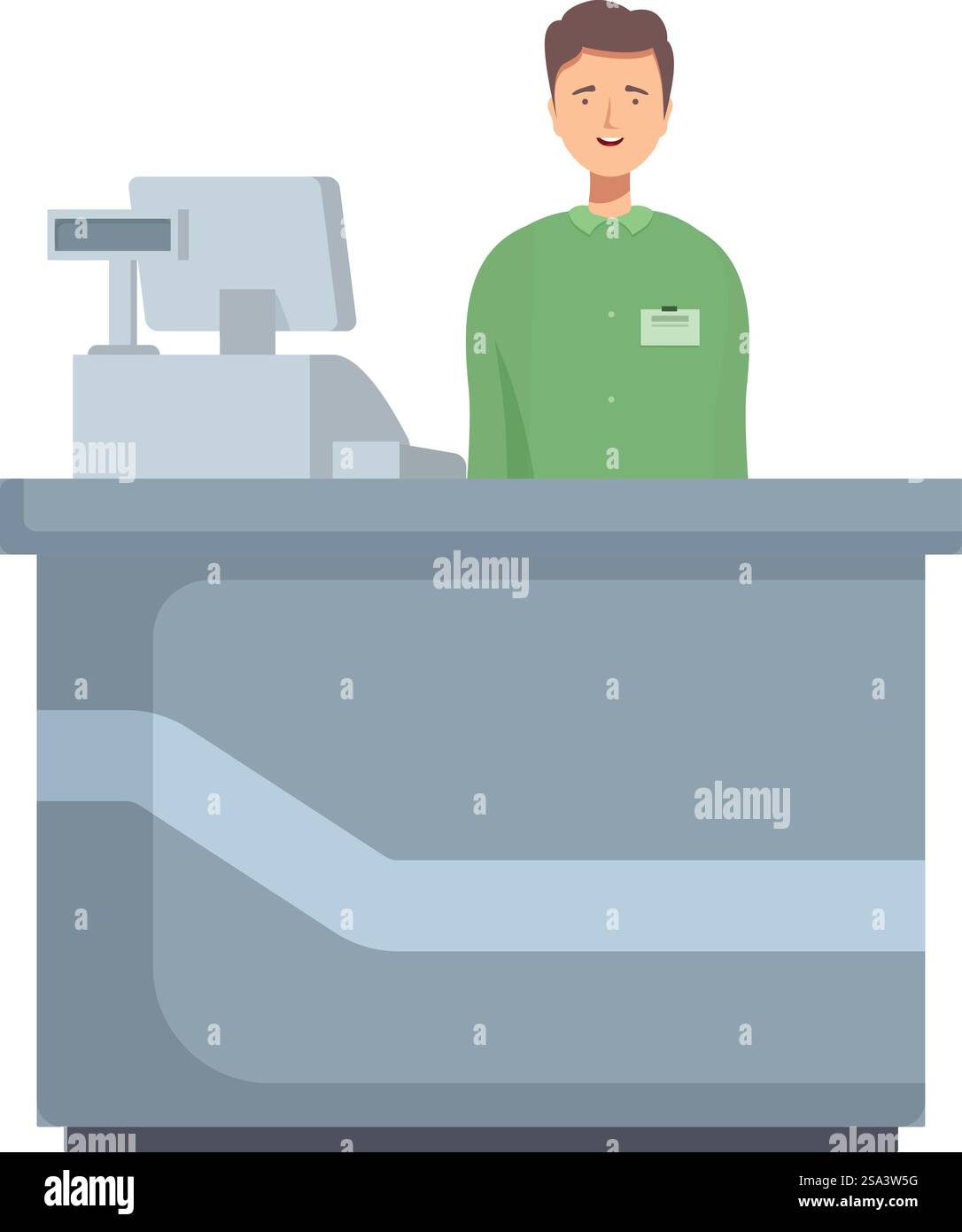 Illustration of a smiling male cashier ready to assist at a modern ...
