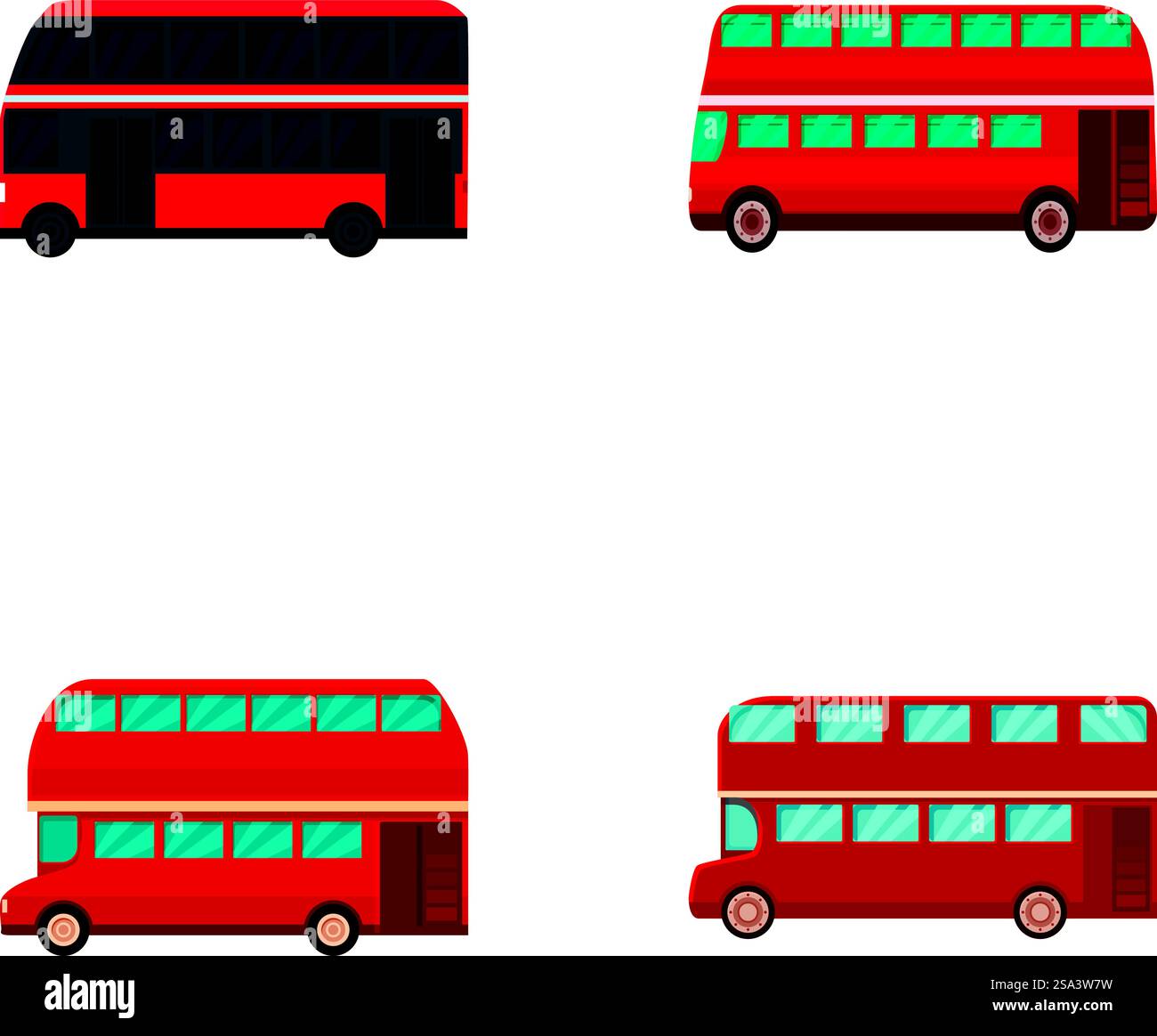 Collection of four vibrant and stylized double decker bus illustrations, isolated on white. Set ...