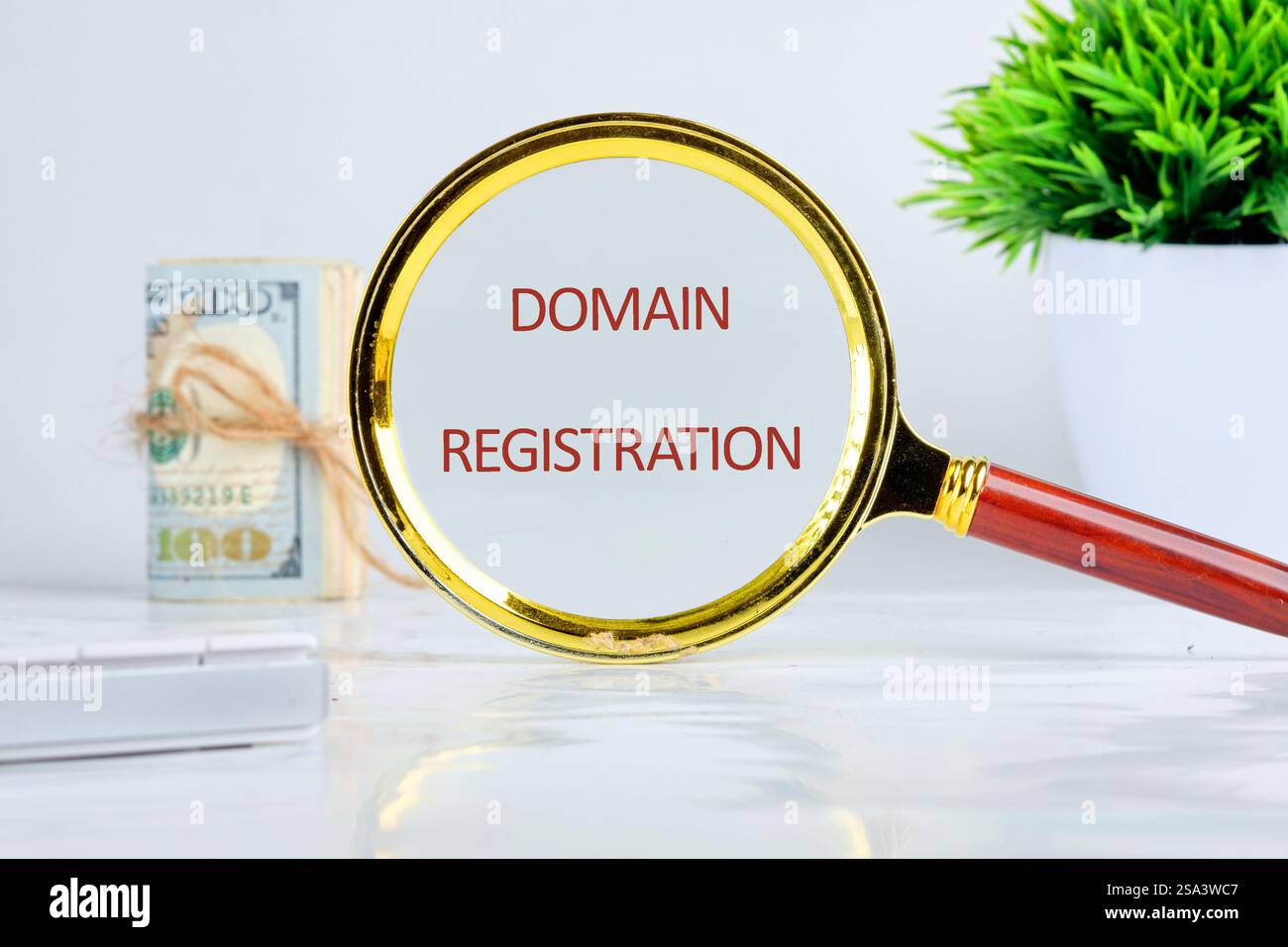 A magnifying glass focuses on the phrase domain registration, next to a ...