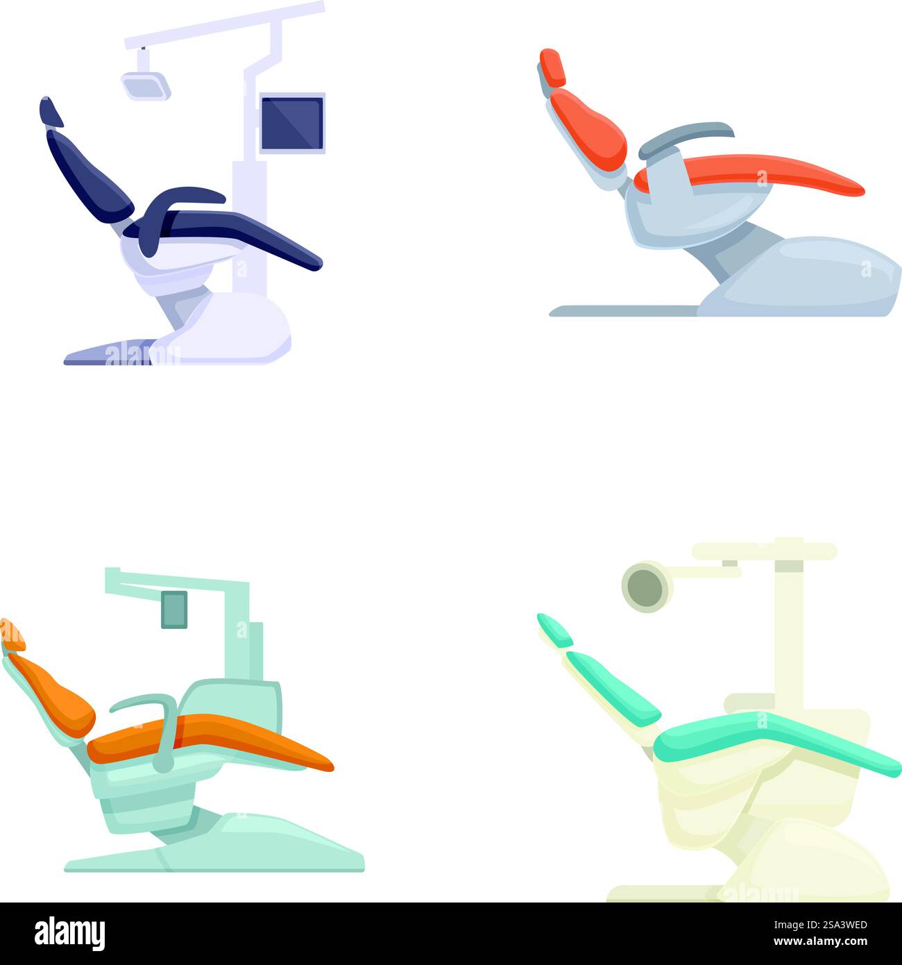Collection of four dental chairs in different styles, ideal for dental care concepts. Set of ...