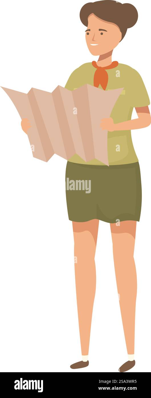 Cartoon image of a woman standing and attentively reading a large map ...