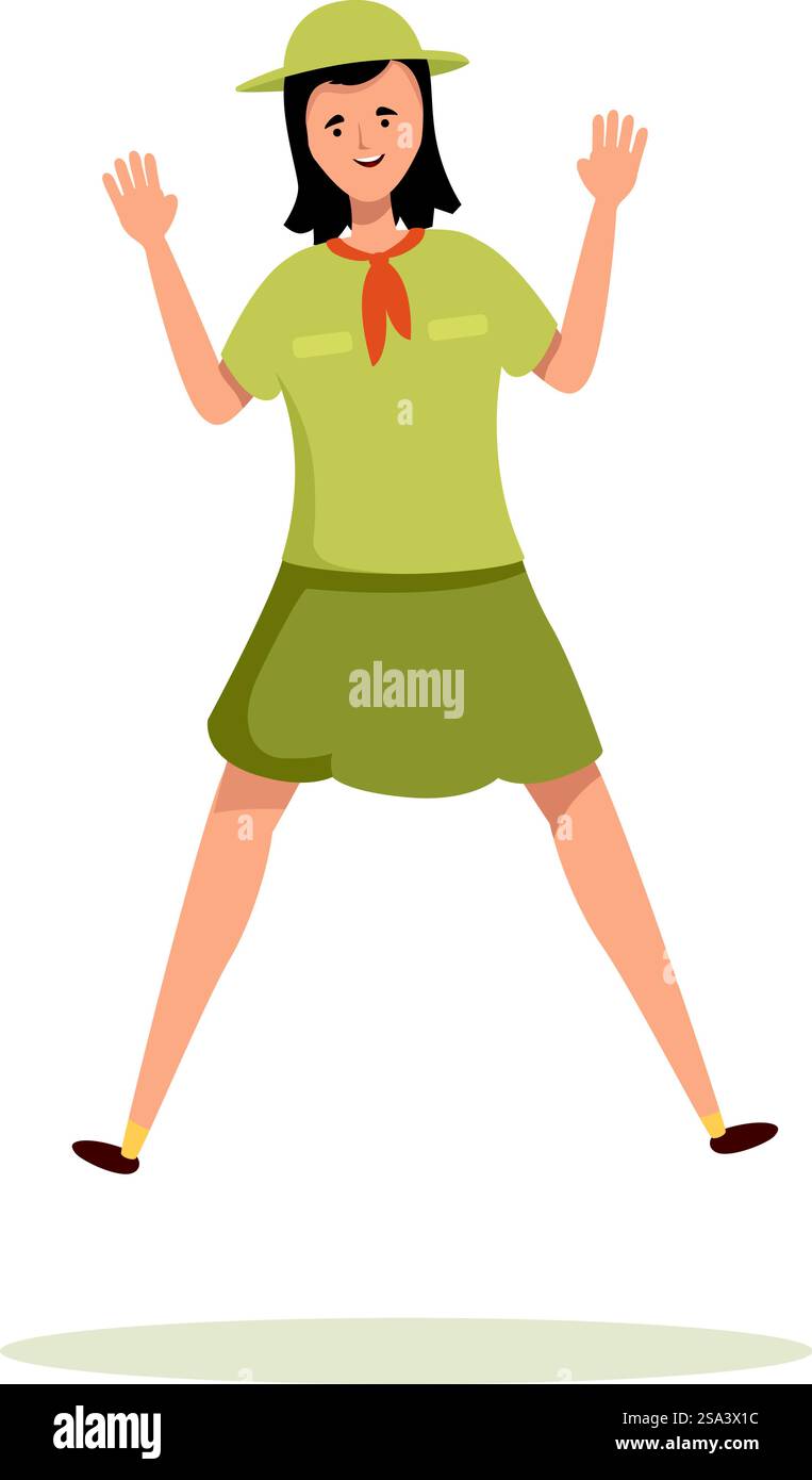 Animated scout girl in uniform smiling and waving with both hands ...