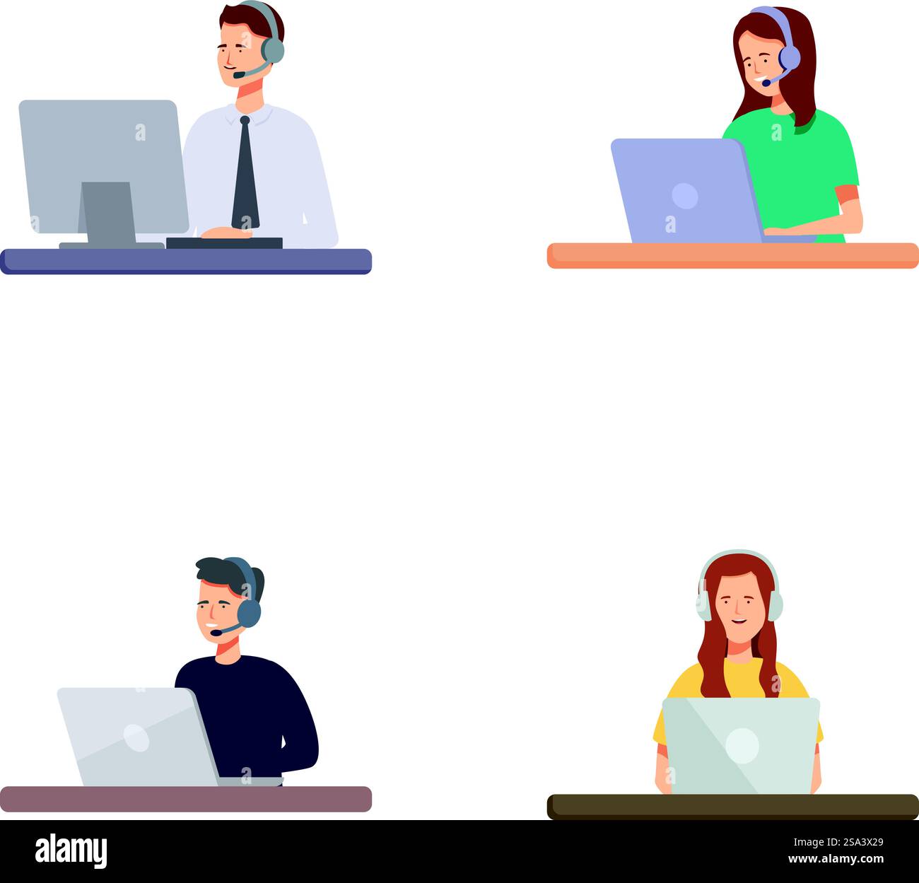 Set of illustrations depicting diverse customer service representatives working on laptops with ...