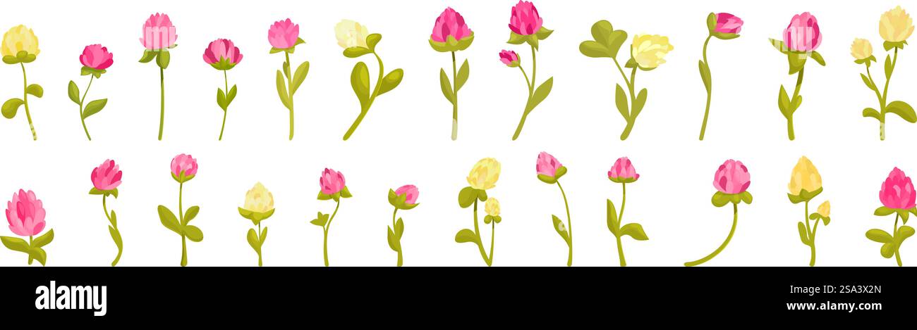 Clover bloom icons set vector. A row of flowers with some yellow ...