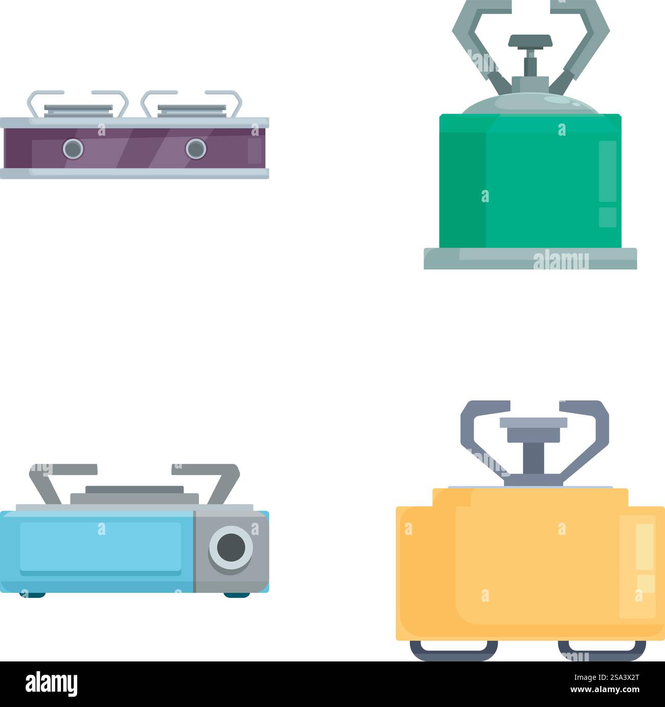 Collection of four flat design icons representing different models of portable camping stoves ...