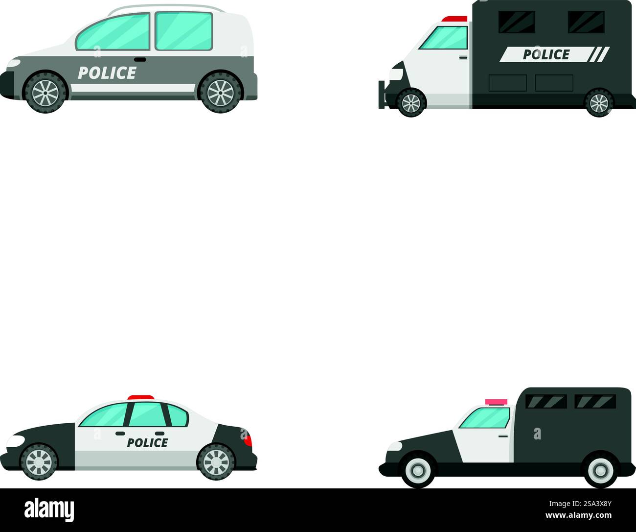 Illustration of various cartoonstyle police vehicles, including cars ...