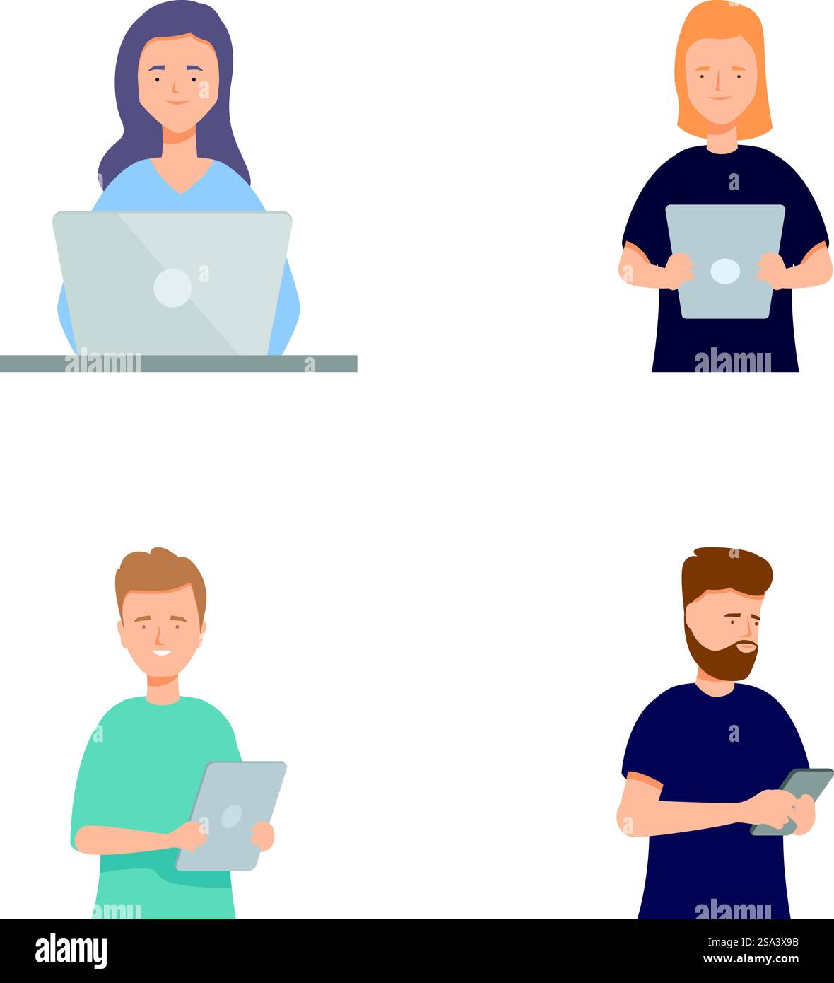 Vector illustrations of four individuals using laptops and tablets ...