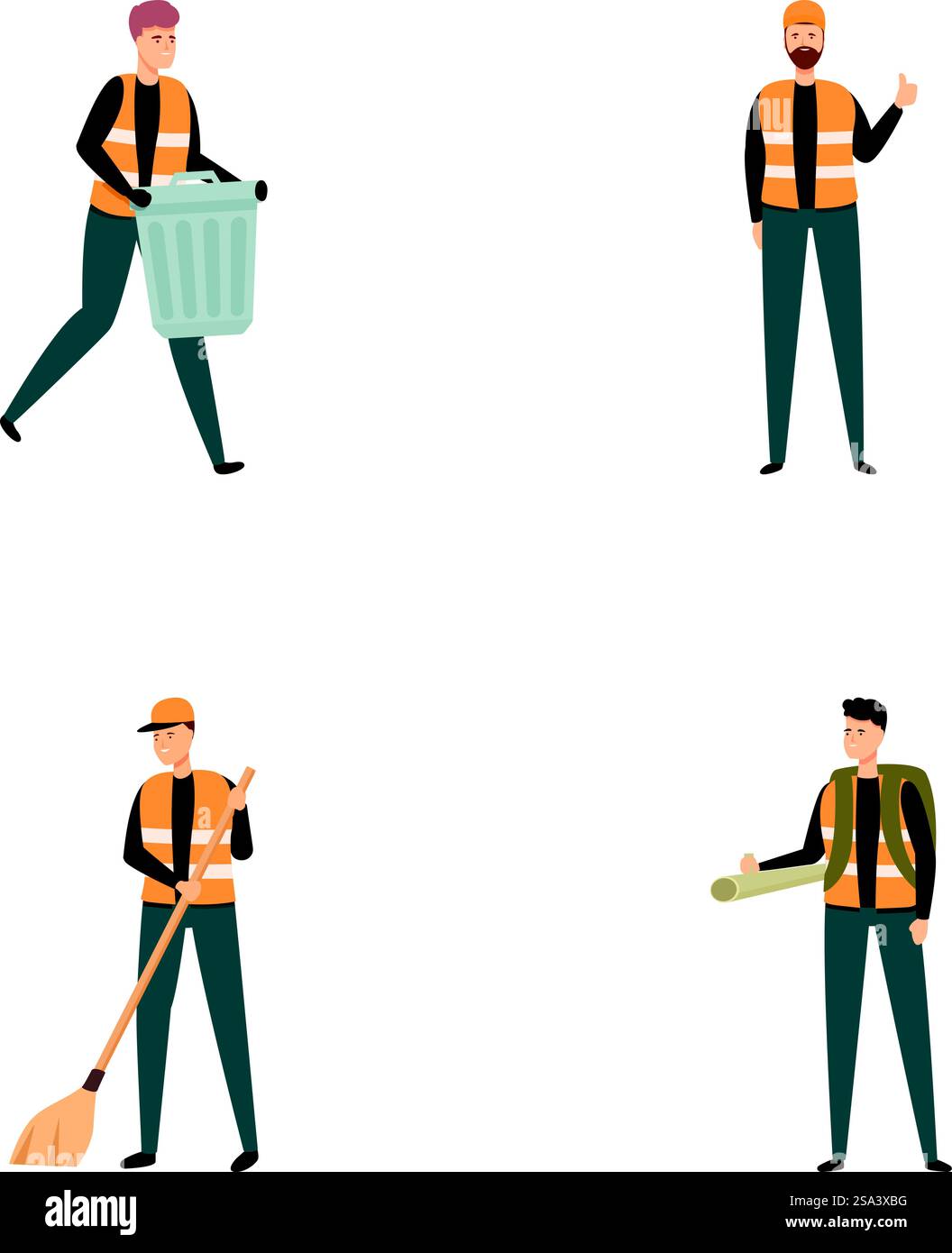 Street janitor icons set cartoon vector. Men street cleaner behind work ...