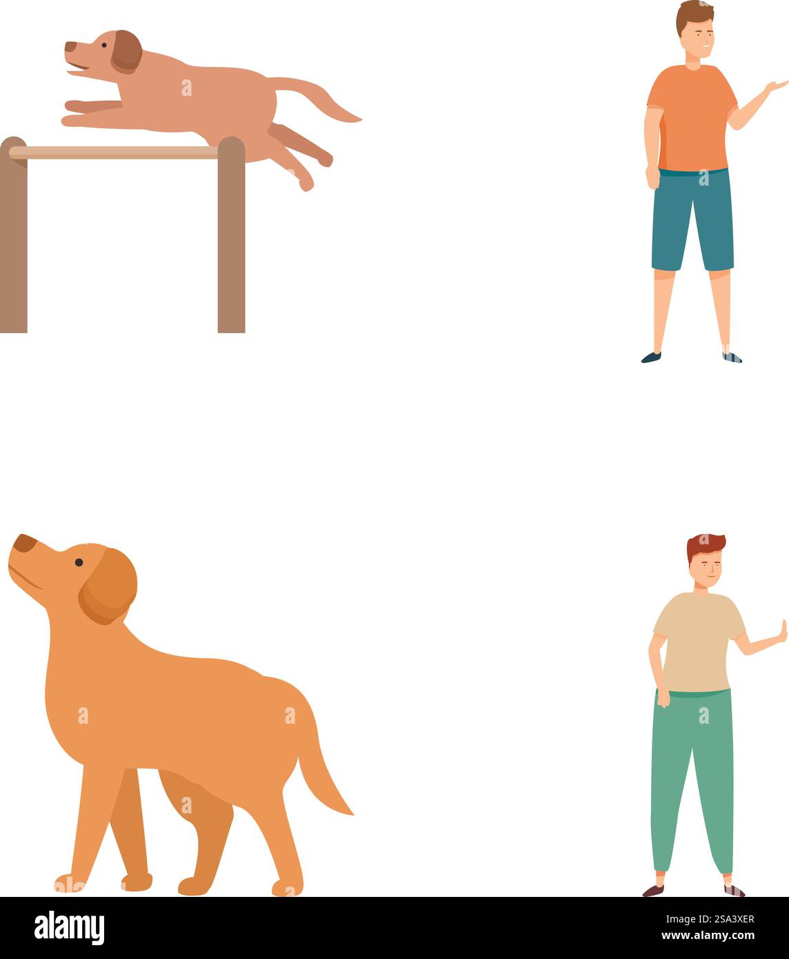 Collection of vector illustrations featuring a man and a dog in various ...