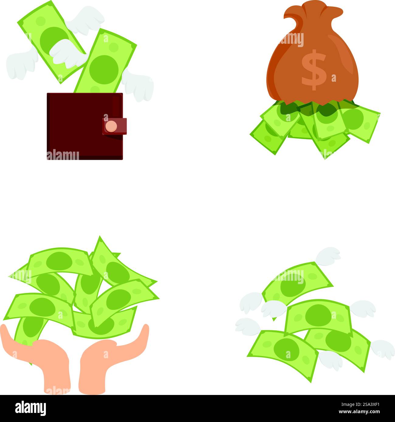 Collection of four moneythemed vector illustrations, including hands ...