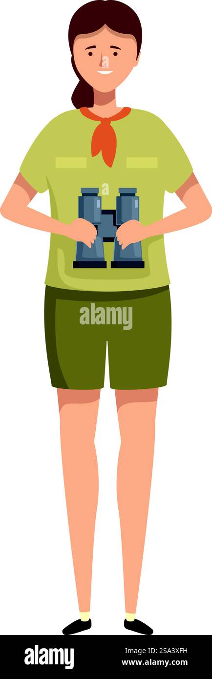 Illustration of a young woman in adventure gear holding binoculars ...