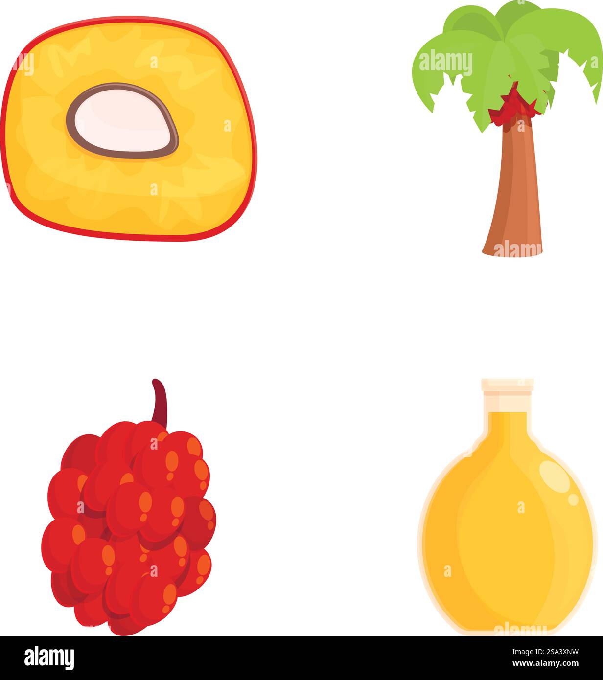 Colorful set of tropical icons featuring a ripe mango, palm tree, red ...