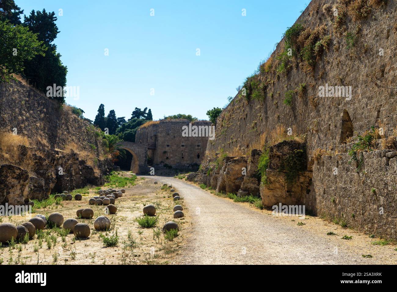 Path between the walls of the citadel of medieval city Rhodes ...