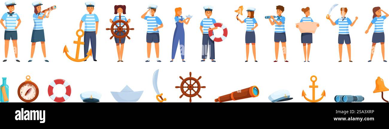 Children sailor mariner costume icons set vector. A group of people in ...