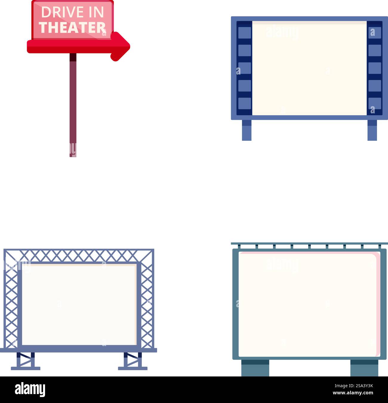 Outdoor screen icons set cartoon vector. Car cinema or drive movie in ...