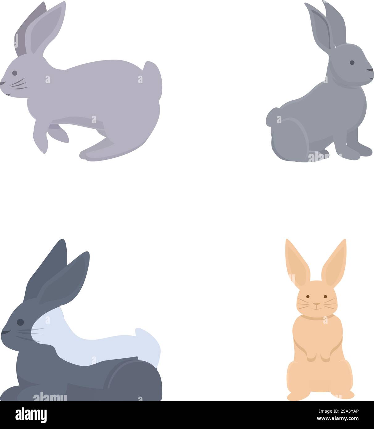 Collection of cute illustrated rabbits in various poses on a plain ...