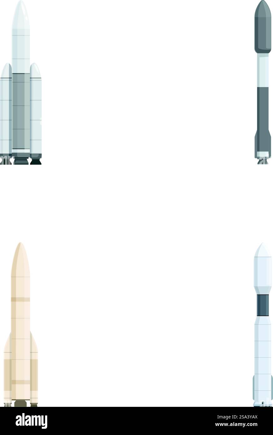 Collection of four cartoonstyle space rockets in various designs, isolated on a white background ...