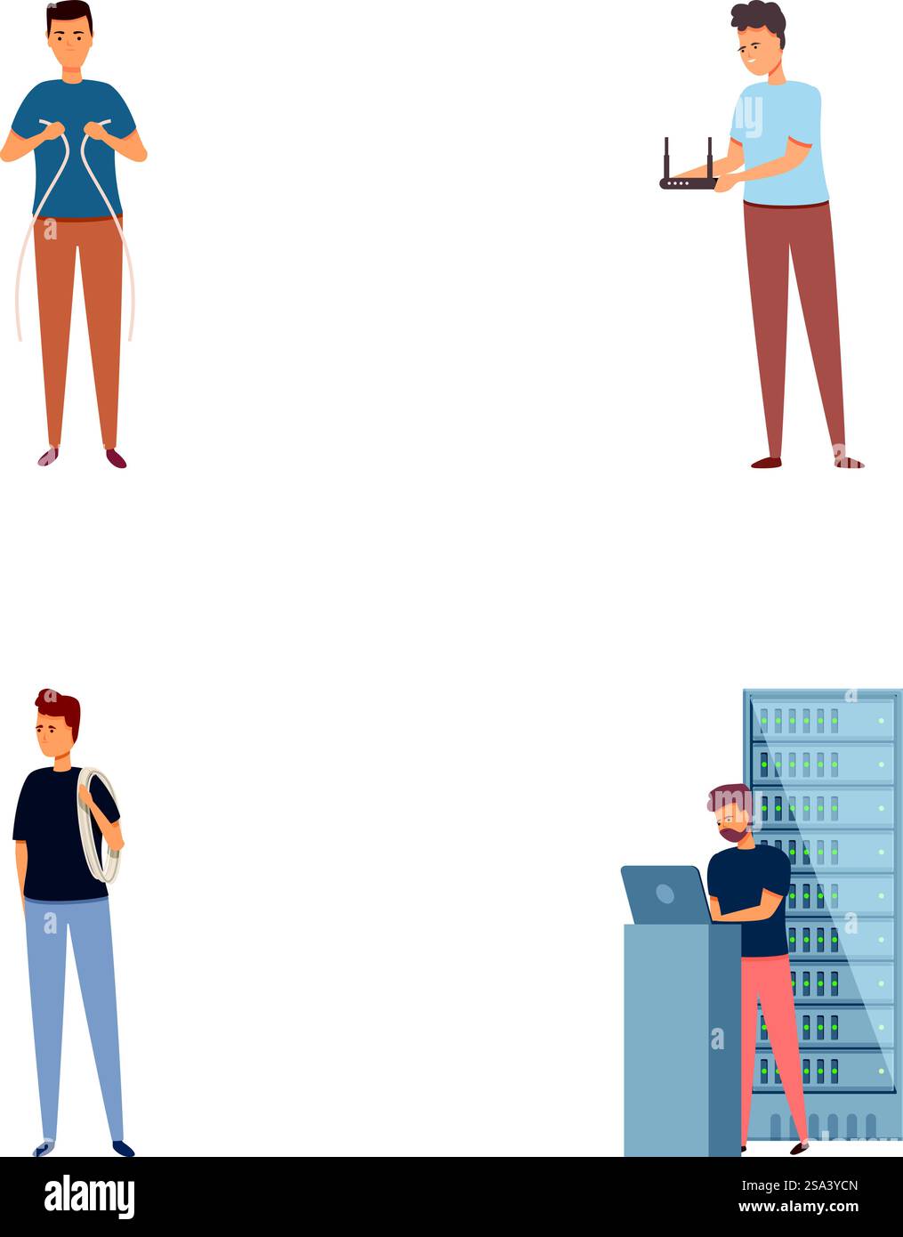 Upkeeping Server Icons Set Cartoon Vector Sysadmin Adjusting Network Connection Service
