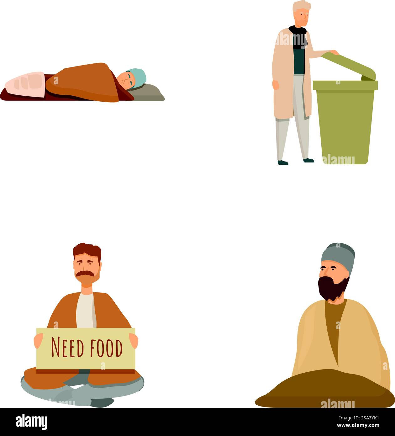 Collection of vector illustrations depicting various homeless ...