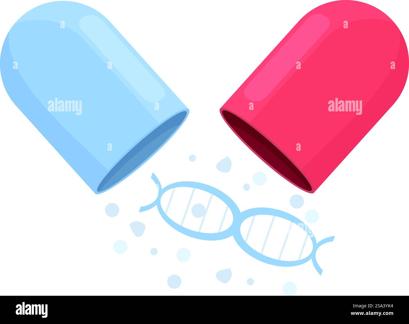 Illustration of a red and blue capsule pill revealing a dna helix ...