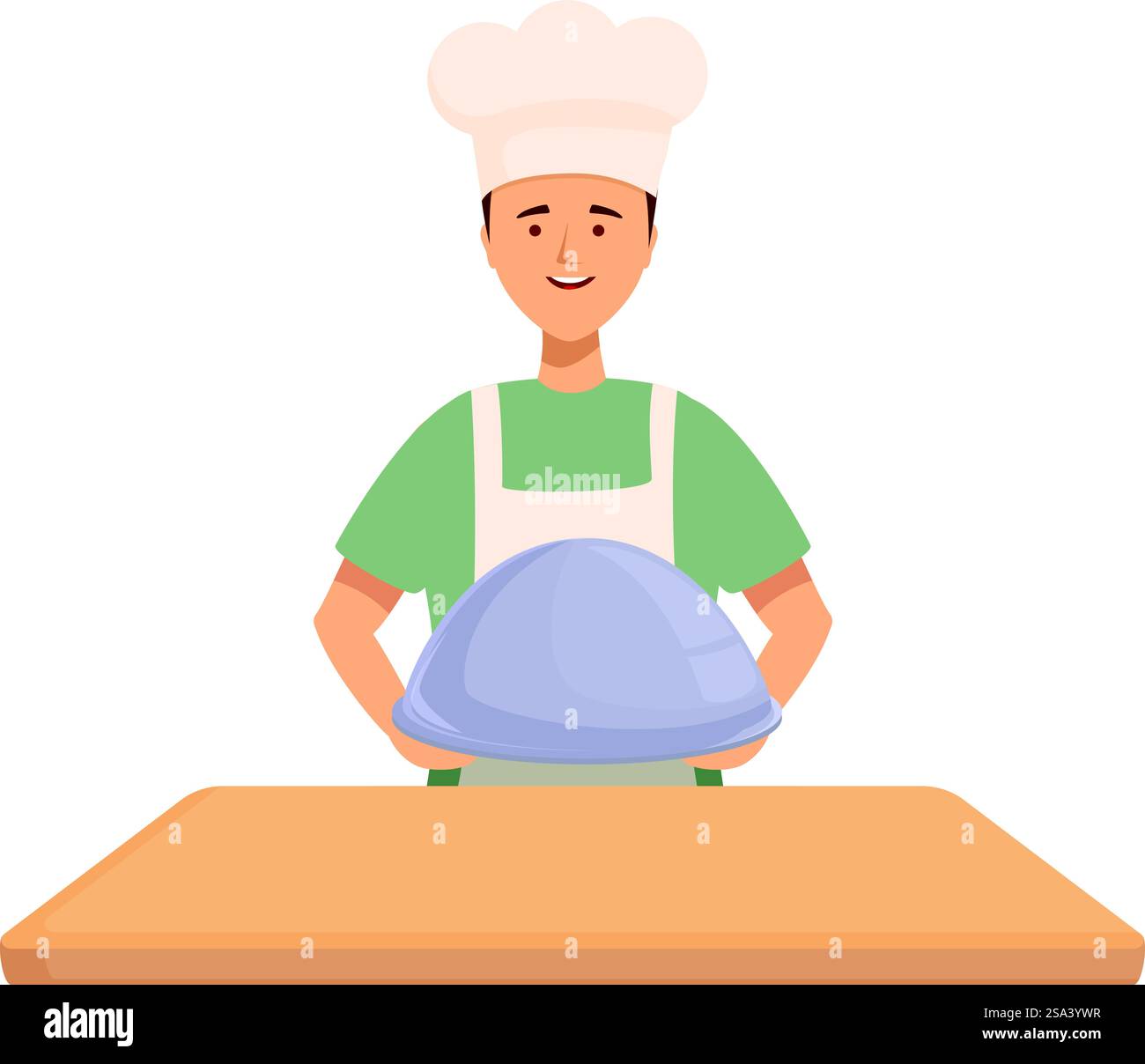 Smiling cartoon chef in uniform with a covered tray in the kitchen ...