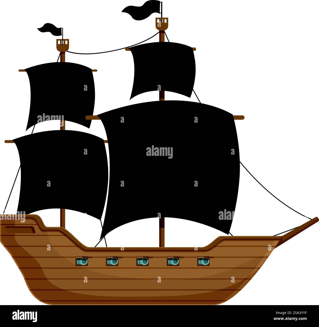 Antique vintage pirate ship illustration with black sails and wooden ...