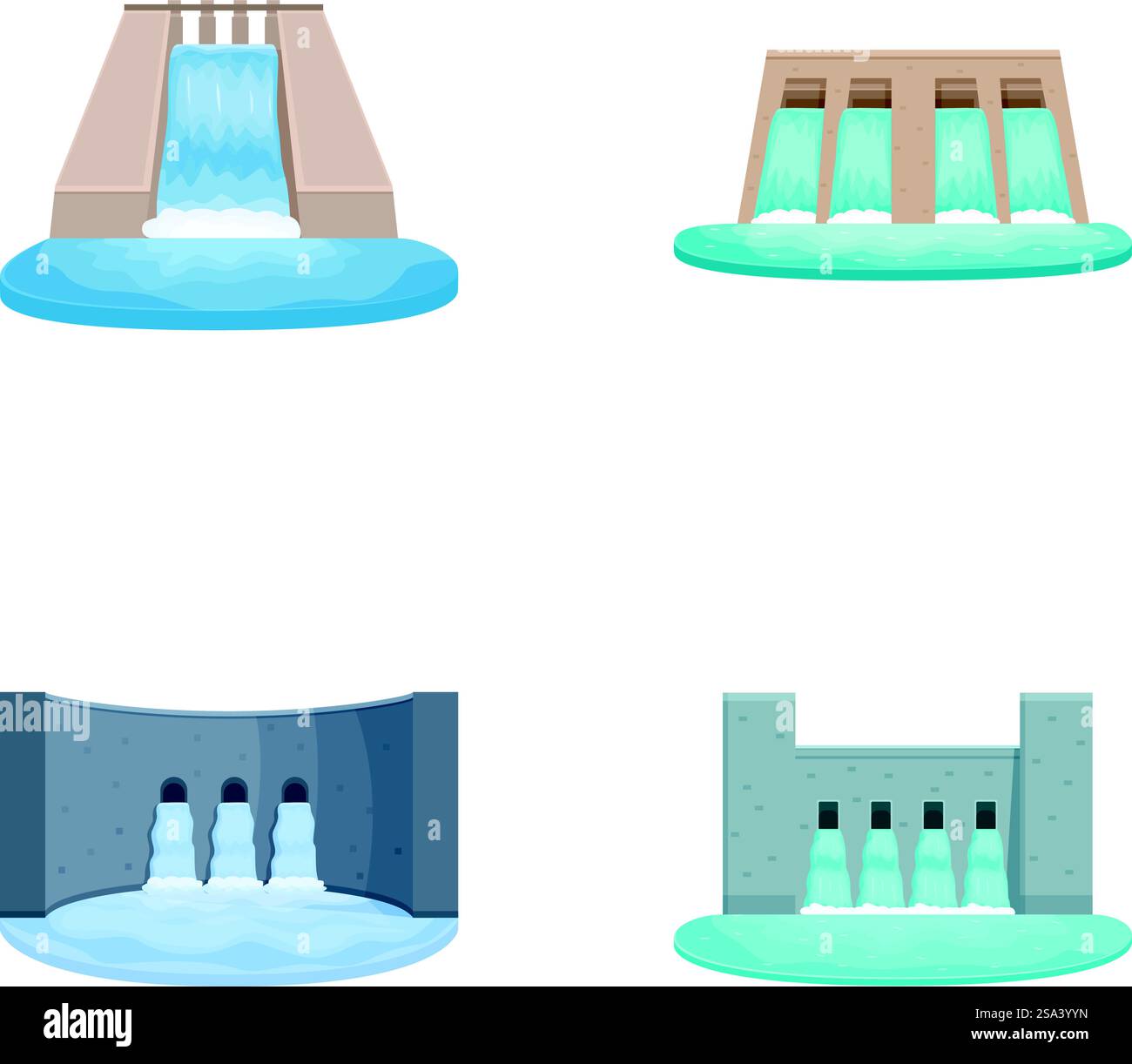 Set of four stylized vector illustrations of hydroelectric dams in ...