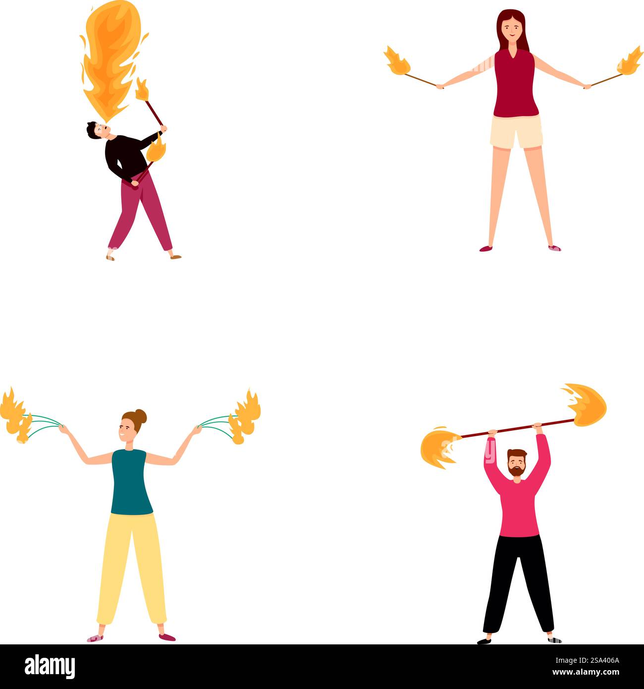 Vector collection of four individuals showcasing fire juggling and ...