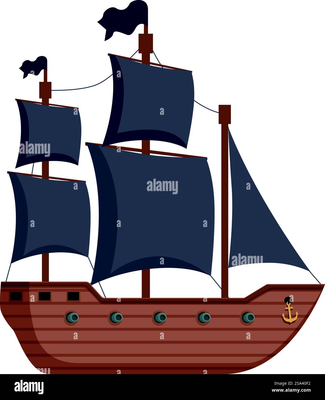 Illustrated vintage pirate ship with sails and flags, ideal for ...