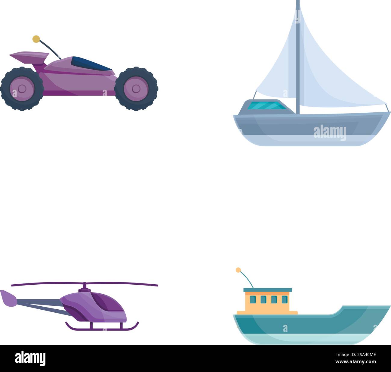 Set of four colorful icons depicting a sports car, sailboat, helicopter ...