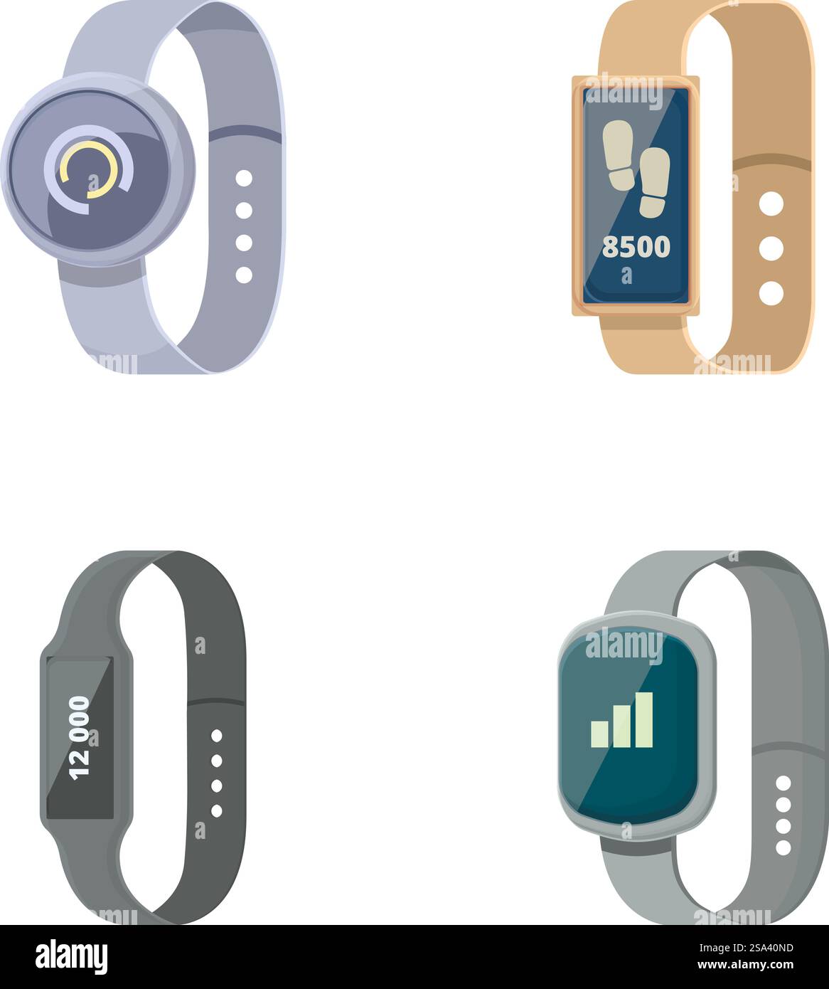 Set of four vector icons representing modern fitness trackers with ...