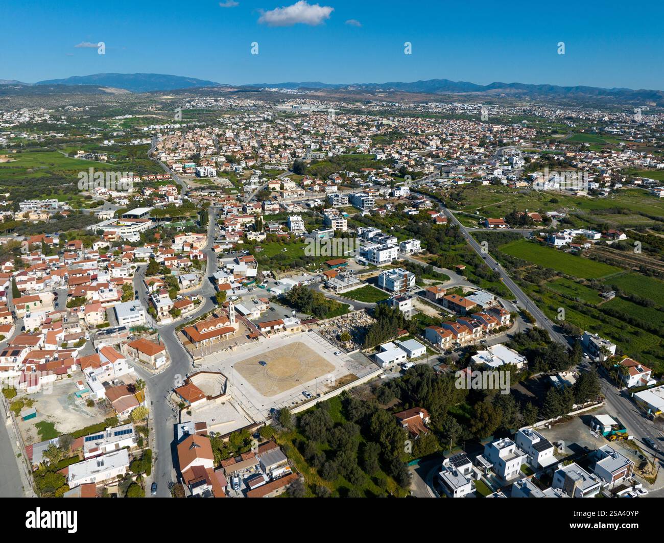 Aerial view of village of Kolossi, on the outskirts of Limassol, Cyprus ...