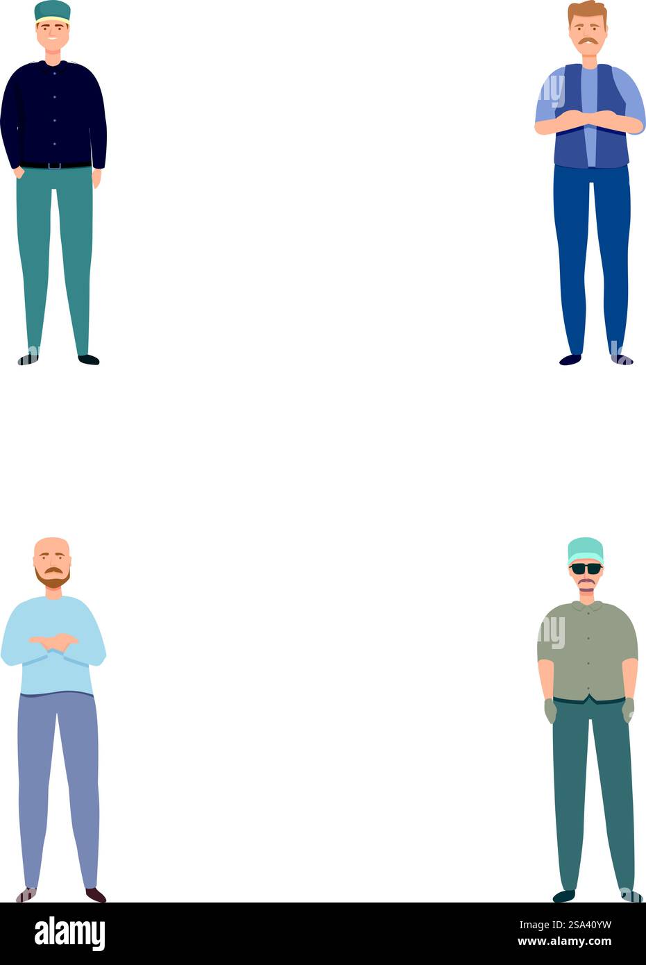 Illustration of four cartoon characters with different poses and attire ...