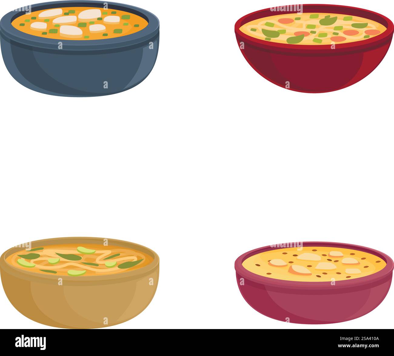 Collection of four colorful bowls of soup in a flat design style ...