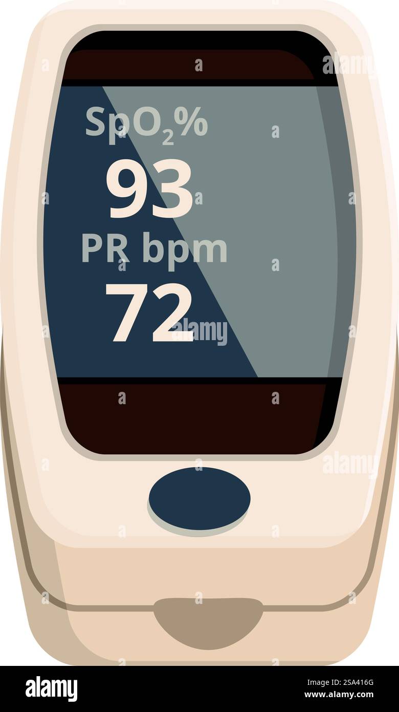 Illustration of a handheld pulse oximeter showing spo2 level and heart rate, medical monitoring ...