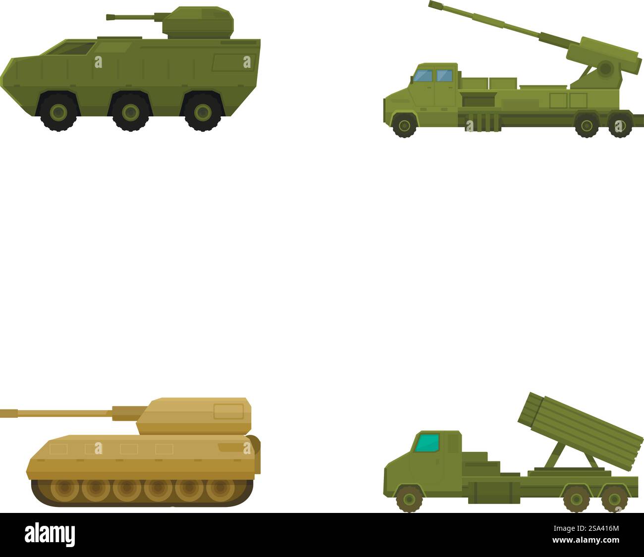 Illustration of four types of modern military vehicles, including a tank and mobile artillery ...