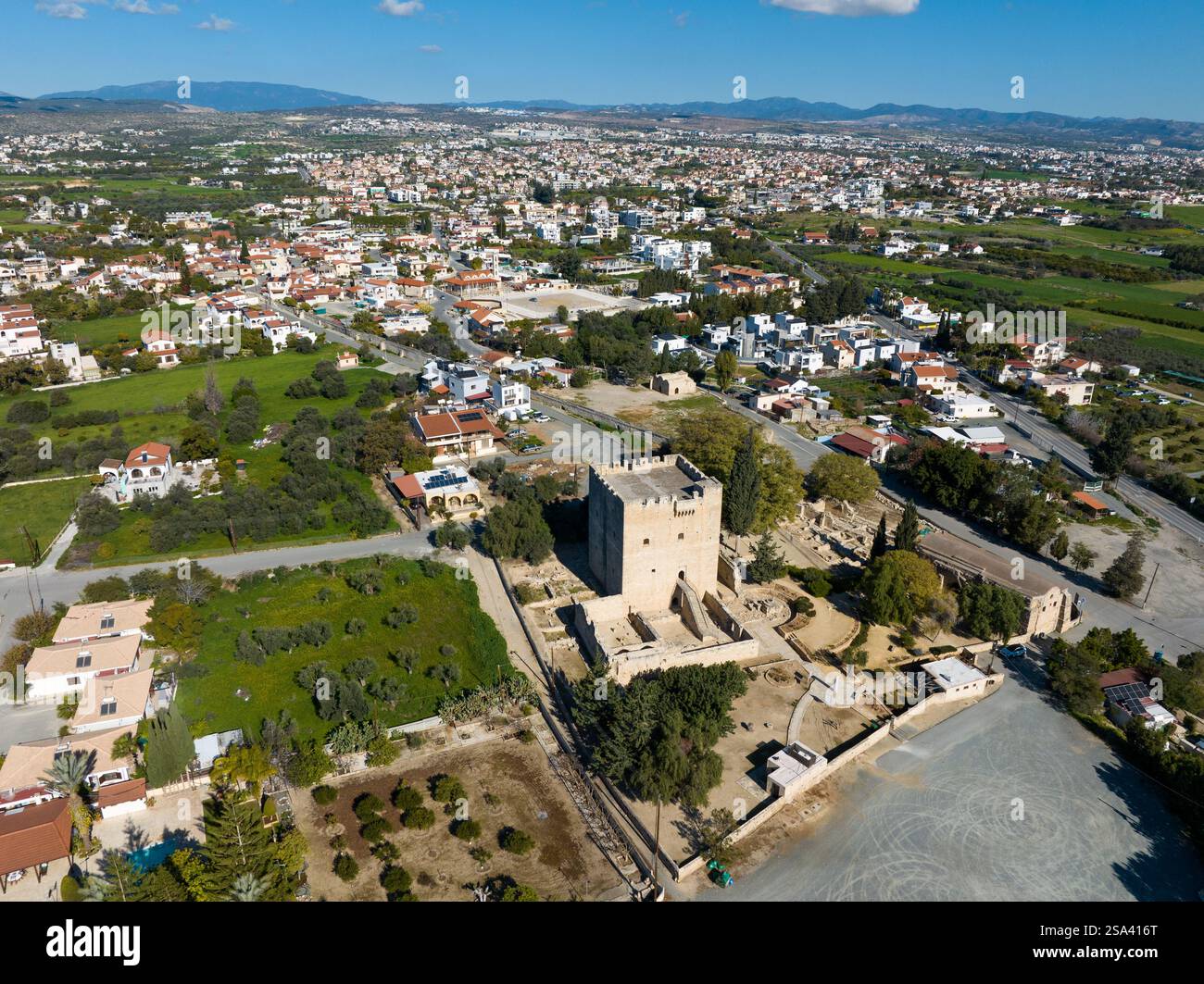 Aerial view of village of Kolossi, on the outskirts of Limassol, Cyprus ...