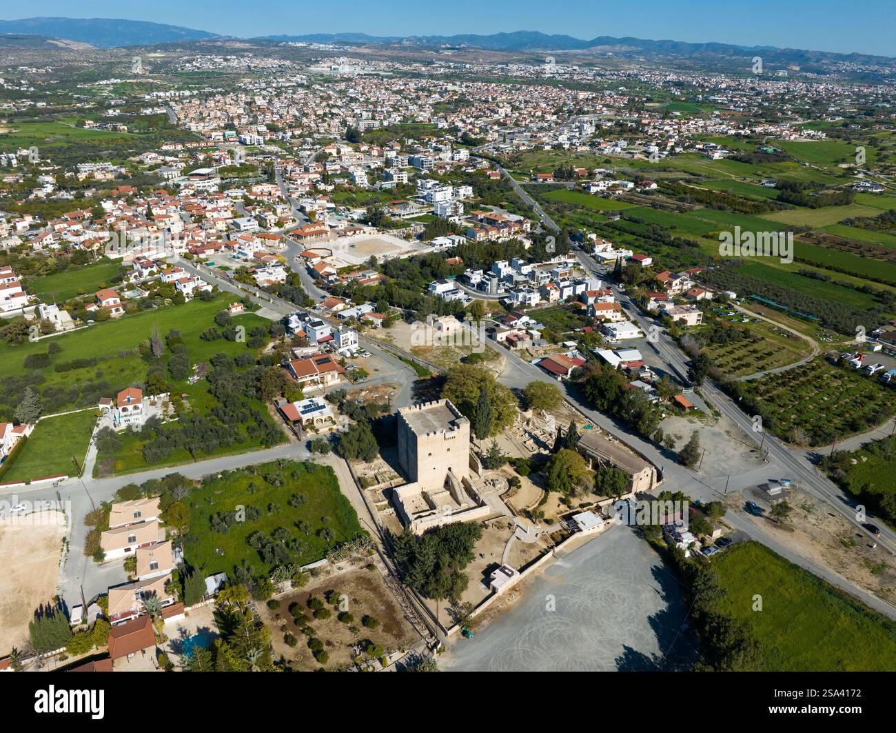 Aerial view of village of Kolossi, on the outskirts of Limassol, Cyprus ...