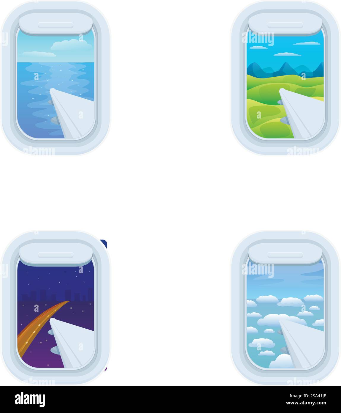 Collection of illustrations depicting various landscapes seen from an airplane’s window. Set of ...