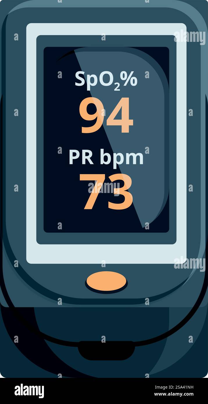 Digital illustration of a pulse oximeter displaying blood oxygen saturation spo2 percent and ...