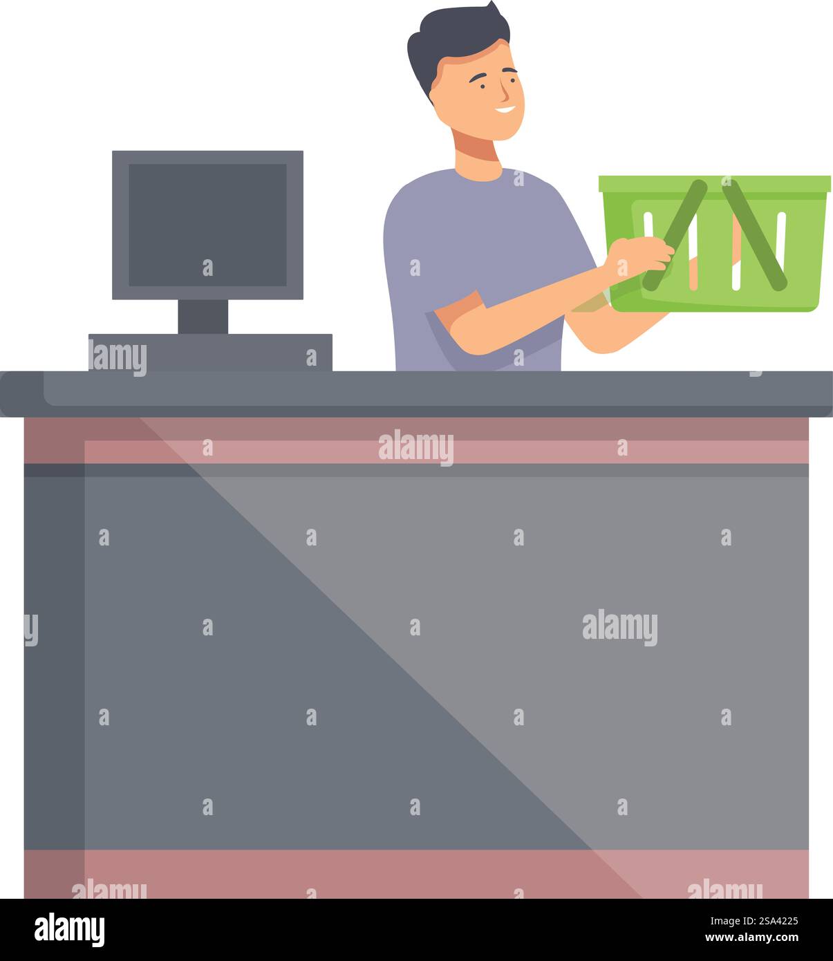 Smiling young adult male supermarket cashier scanning groceries at the ...