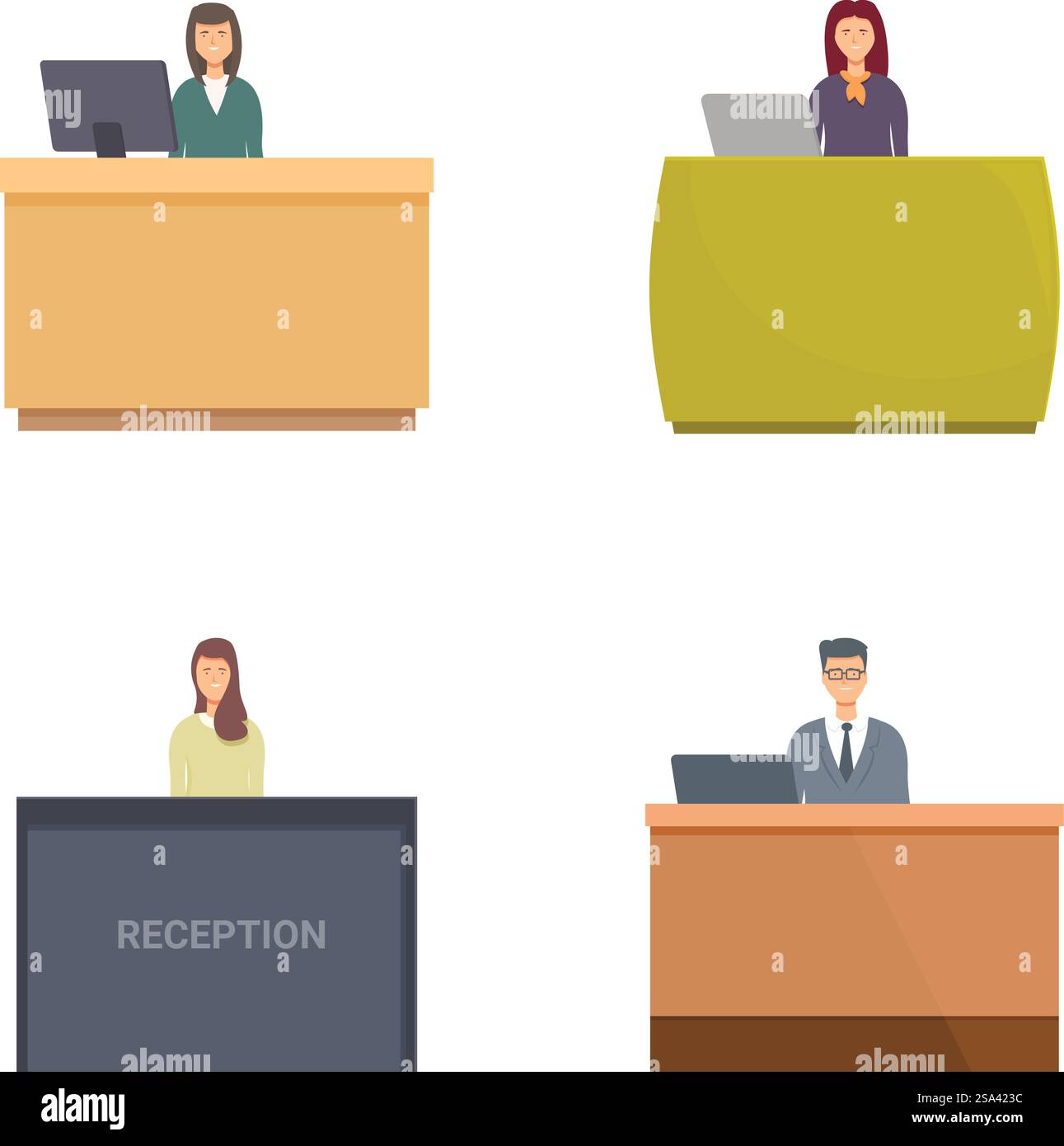 Set of four vector images depicting various reception desks with ...